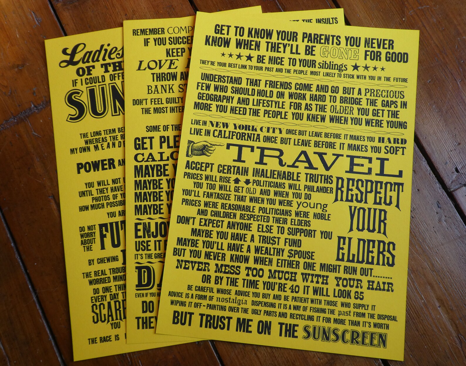 Sunscreen Lyric Screenprint, Baz Luhrmann Lyrics Print, Sunscreen ...