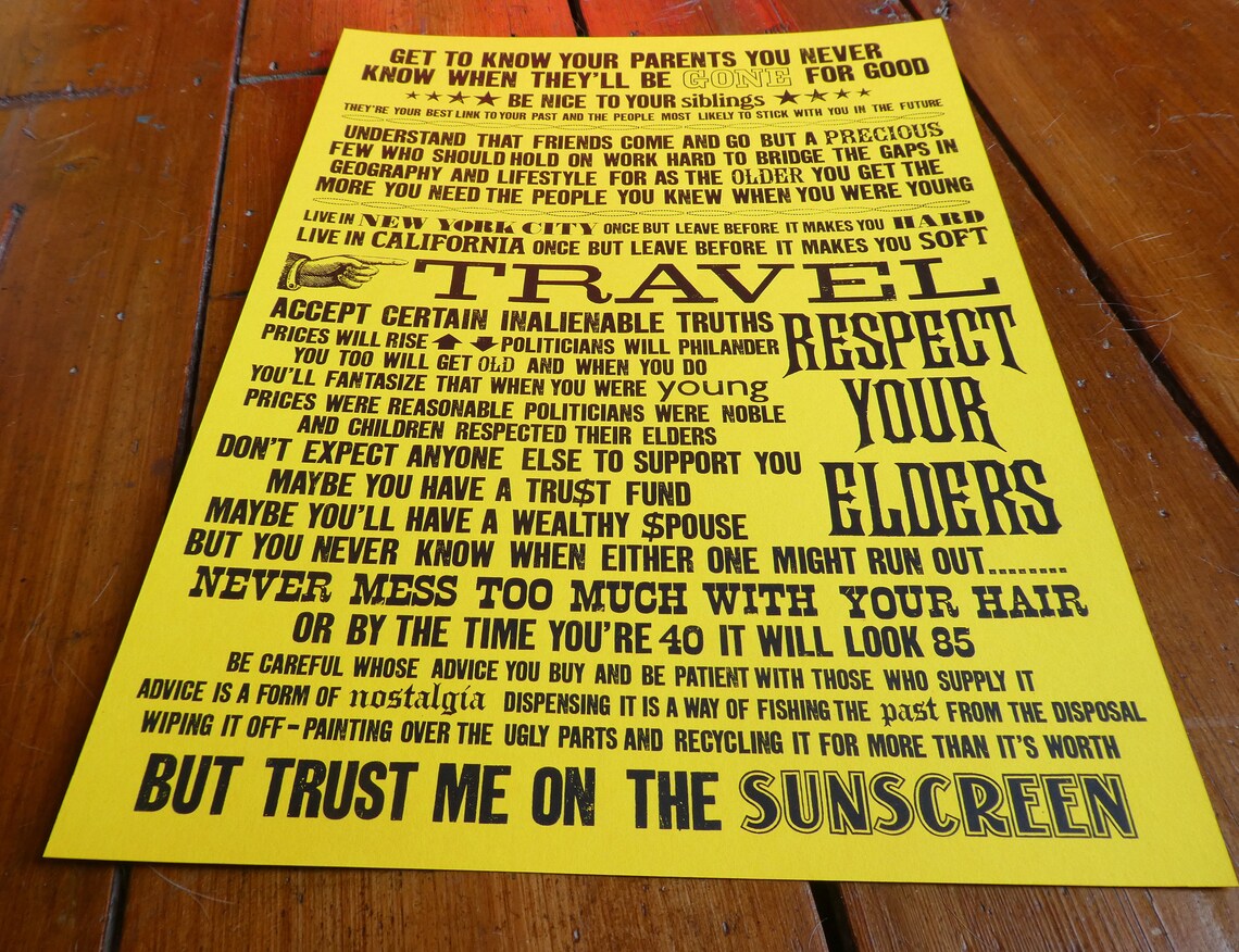 Sunscreen Lyric Screenprint Baz Luhrmann Lyrics Print | Etsy