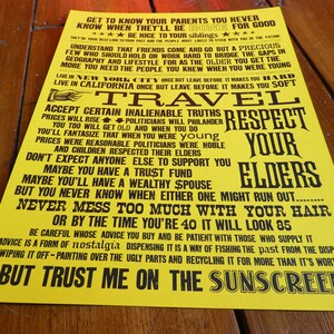 Sunscreen Lyric Screenprint, Baz Luhrmann Lyrics Print, Sunscreen ...