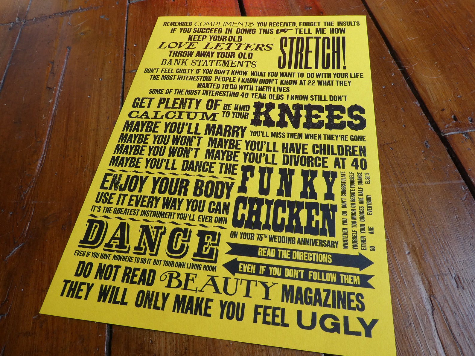 Sunscreen Lyric Screenprint Baz Luhrmann Lyrics Print | Etsy