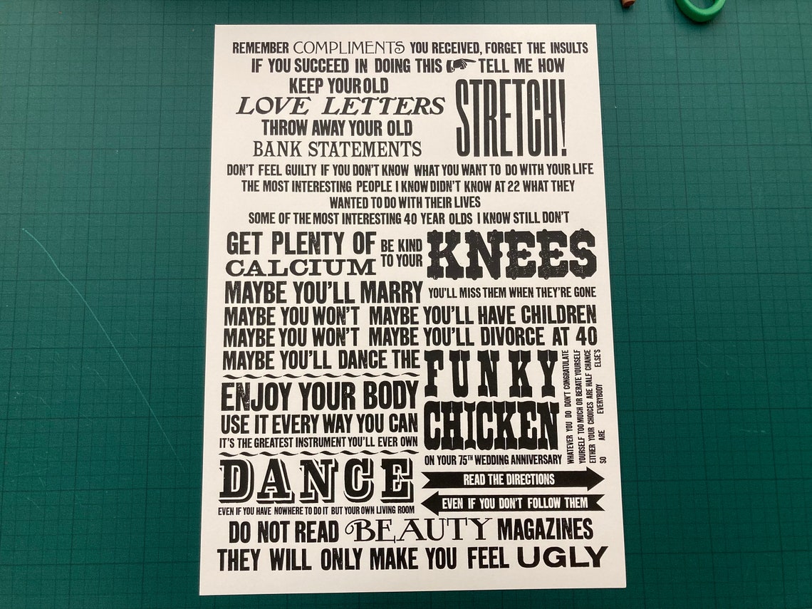 Sunscreen Lyric Screenprint Baz Luhrmann Lyrics Print | Etsy