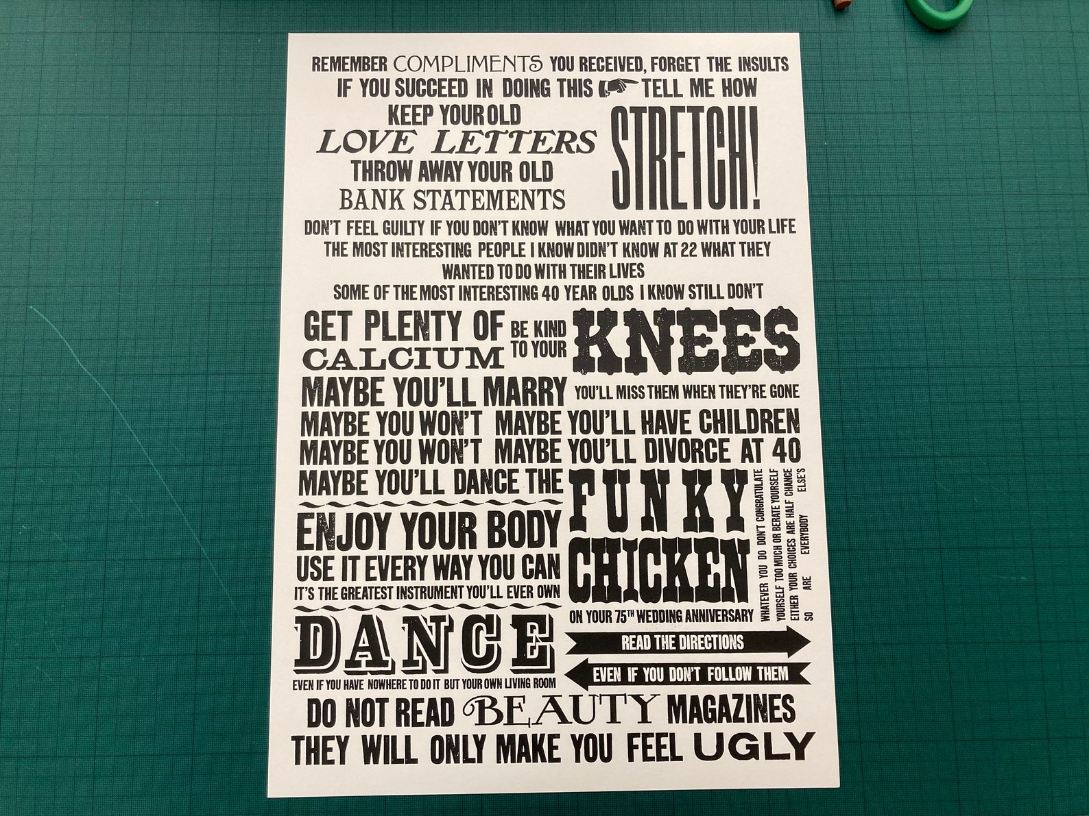 Sunscreen Lyric Screenprint Baz Luhrmann Lyrics Print | Etsy