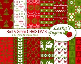 Holiday Digital Paper Christmas Scrapbook Paper Red Green | Etsy