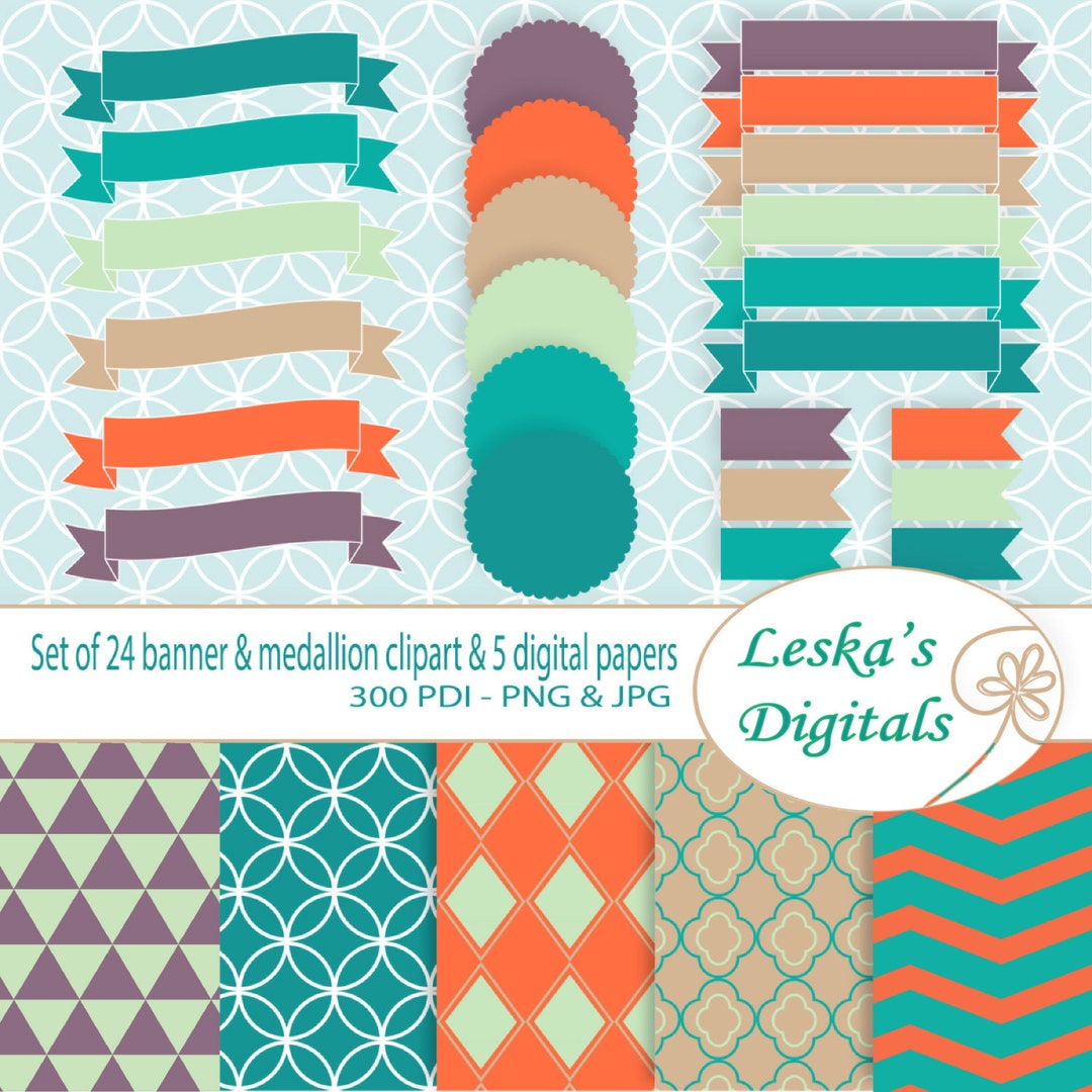 Digital Papers, Labels - Banners, Scalloped Medallion in Bright Colors ...