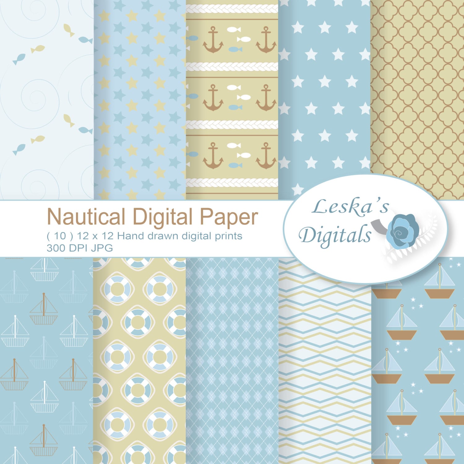 Nautical Digital Paper; Baby Boy Nautical Nursery Patterns, Sea, Fish ...