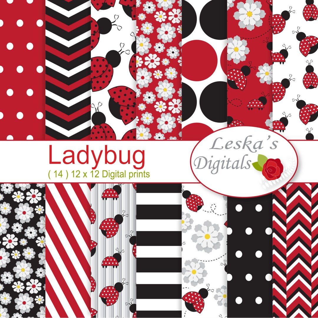 Ladybug Digital Papers, Scrapbook Paper for Commercial Use, Red White ...