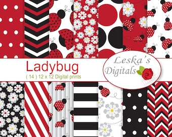 Digital Scrapbook Papers Ladybug Patterns in Red, Black and White ...