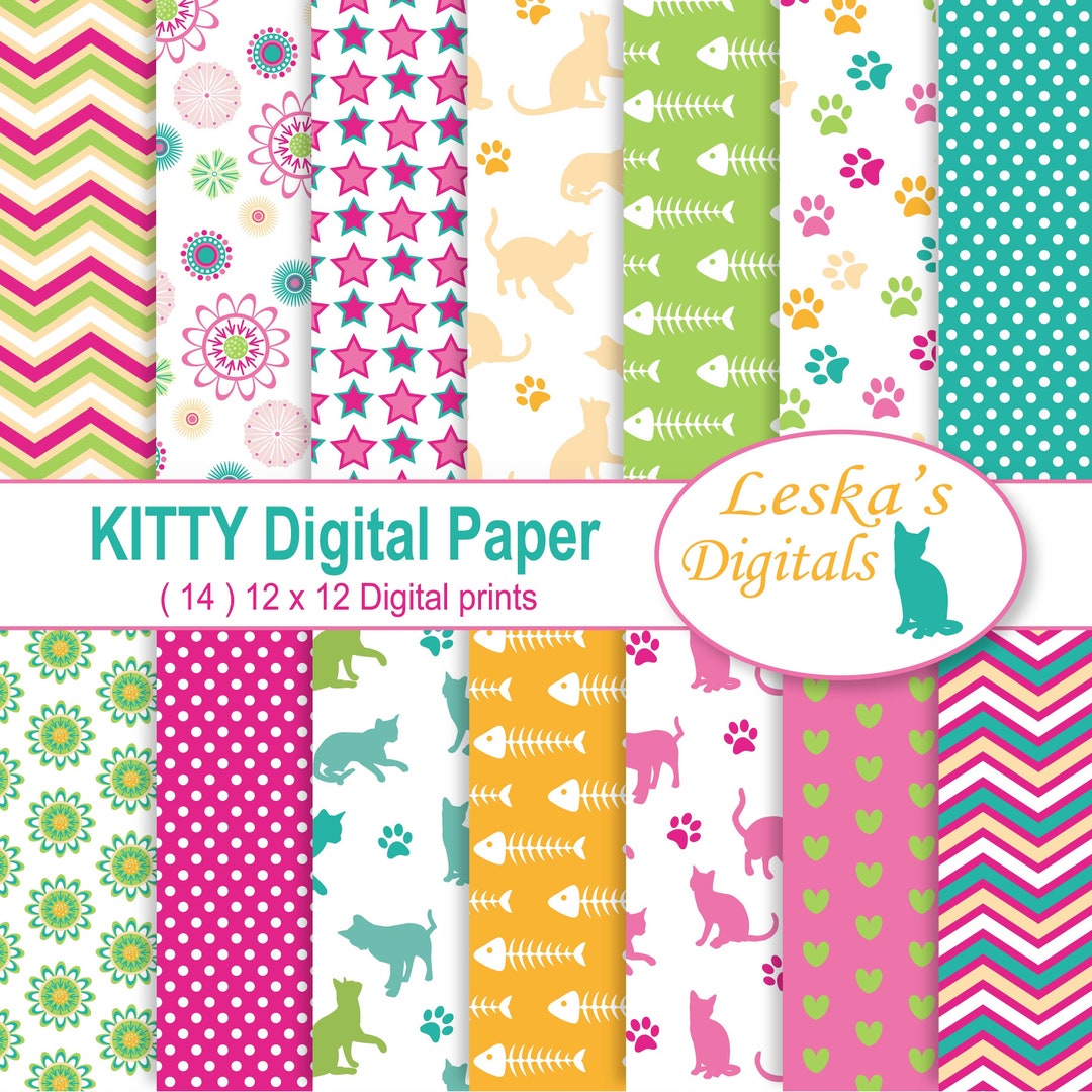Kitty Cat Digital Scrapbook Paper, Cat Patterned Paper Pack, Kitty ...