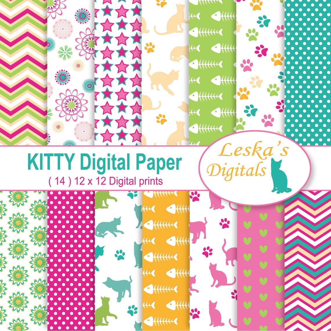 Kitty Cat Digital Scrapbook Paper Cat Patterned Paper Pack | Etsy