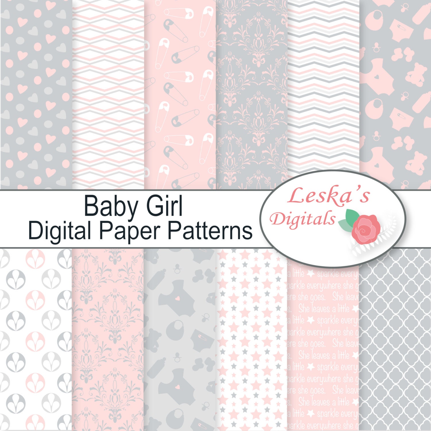 Baby Girl Digital Paper Pack pink and Grey Digital - Etsy