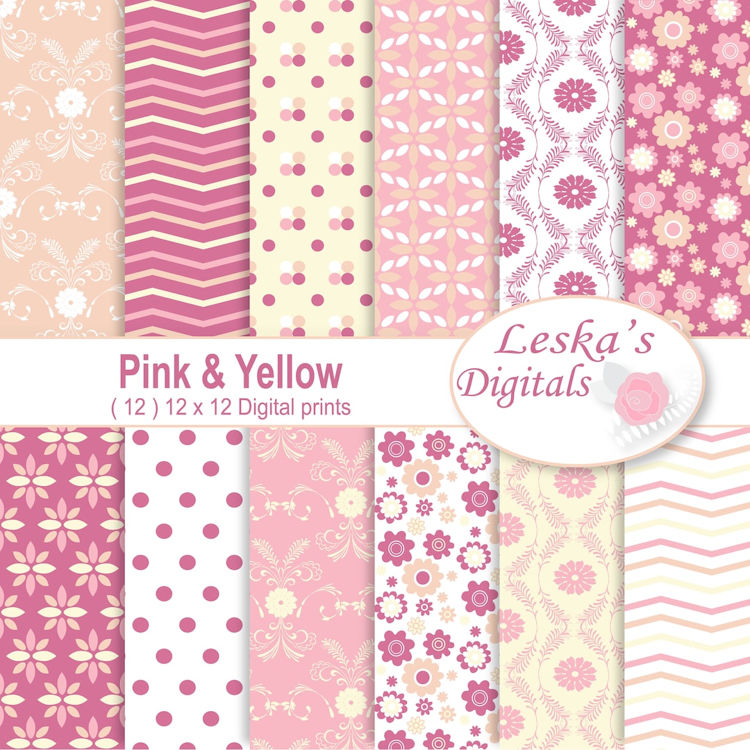 Pink and Yellow Digital Paper, Scrapbooking Paper, Pink and Yellow ...