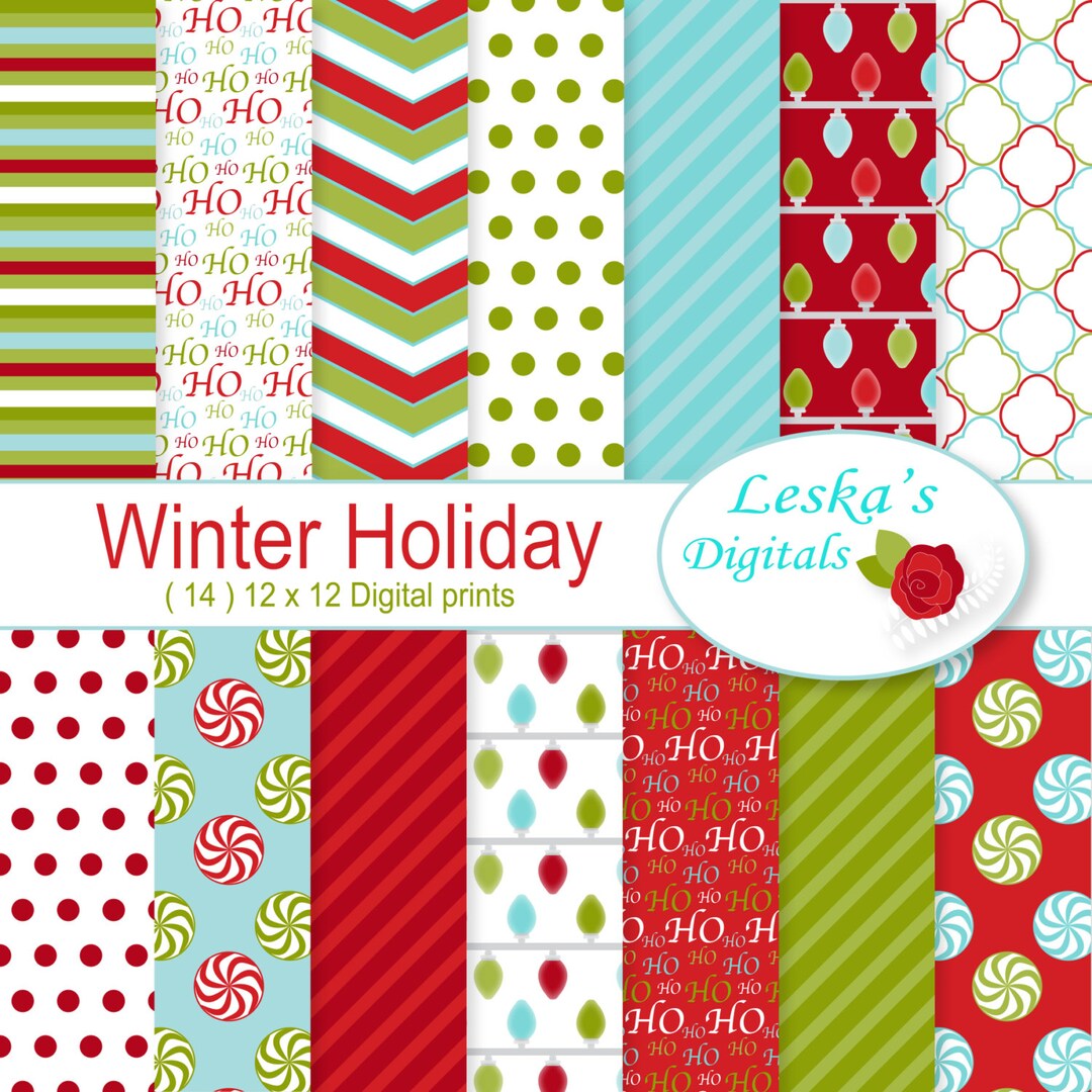 Holiday Digital Paper, Christmas Scrapbook Paper, Red Green and Blue ...
