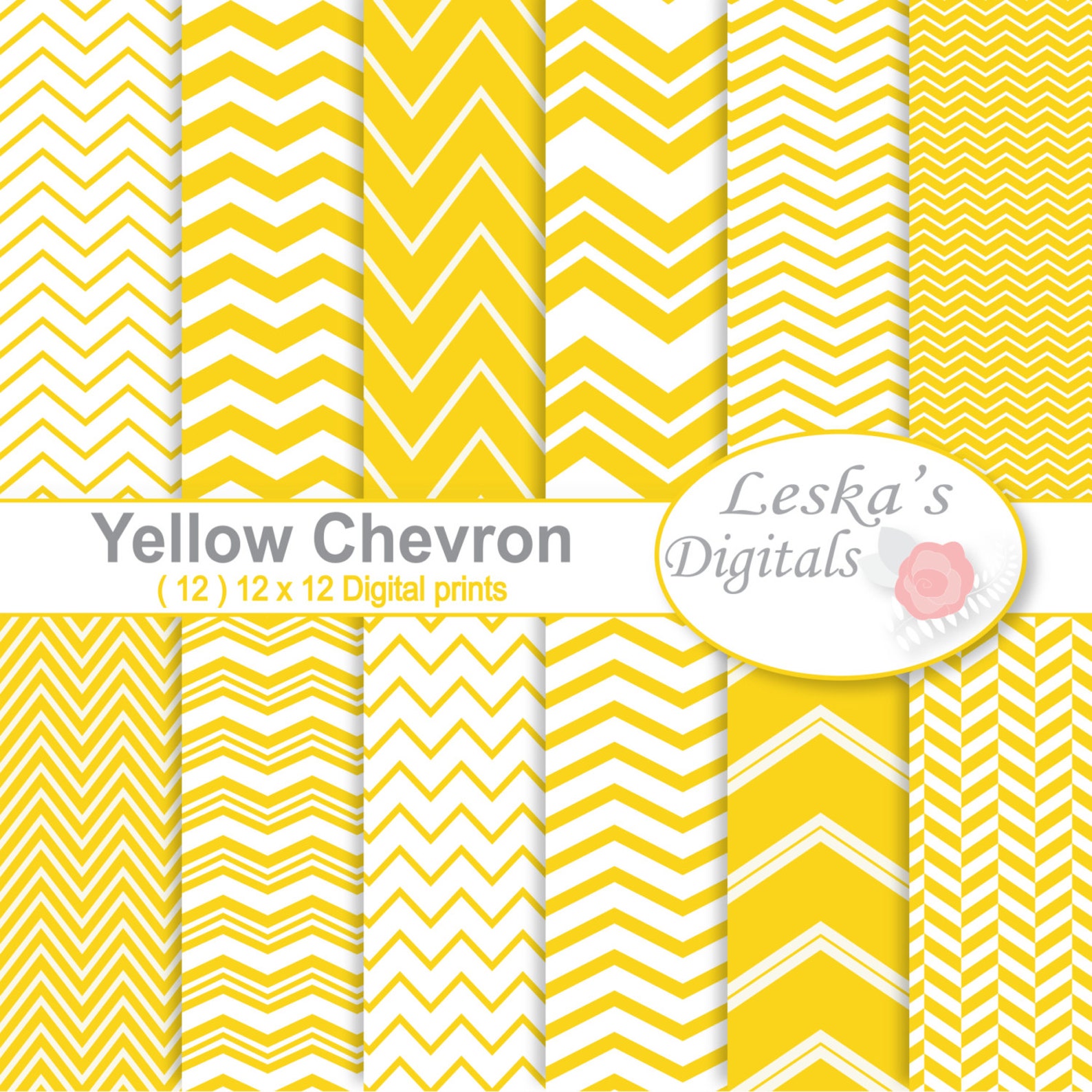 Yellow Chevron Digital Paper Pack, Digital Scrapbook Paper, Yellow and ...