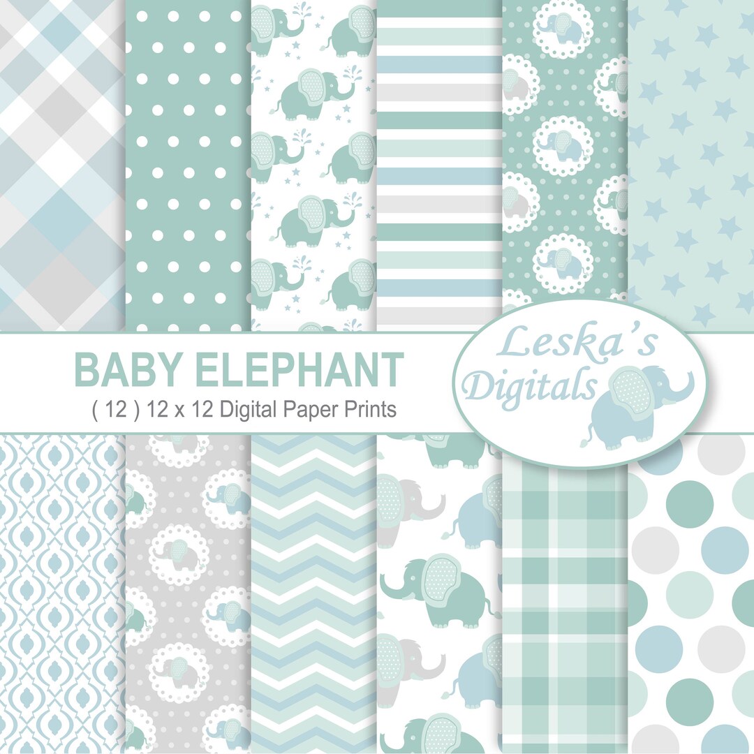 Green and Grey Baby Elephant Digital Paper Nursery Scrapbook Pages ...