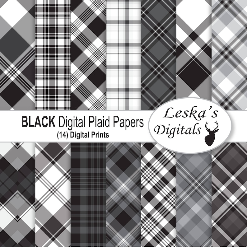 Black Plaid Digital Scrapbook Paper Pack, Diagonal Plaid, Black and ...
