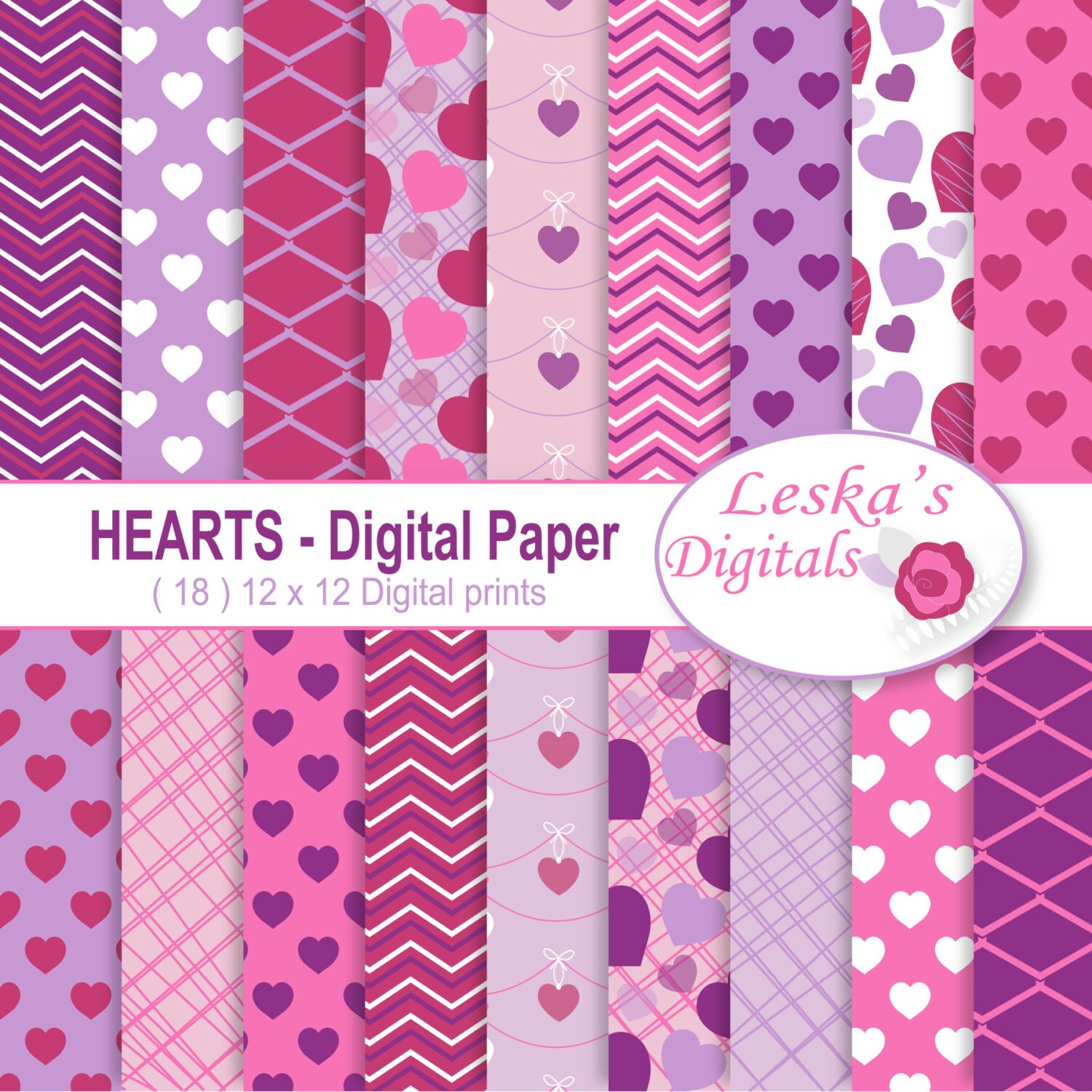 Valentine Digital Paper Pack, Hearts Digital Paper in Pink and Purple ...