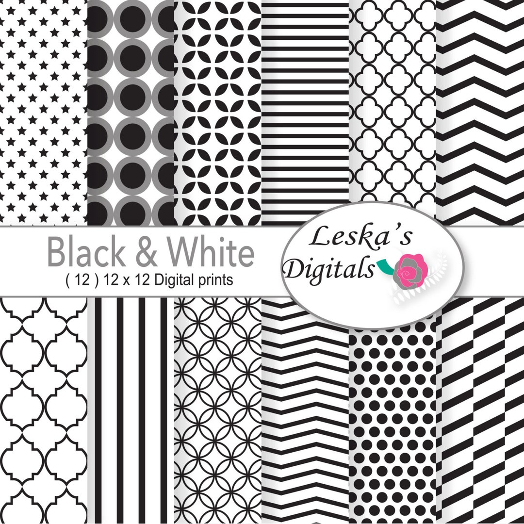 Geometric Black and White Digital Papers in Stars, Stripes, Polka Dots ...