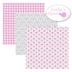 PINK GREY Digital Paper, Paper Patterns, Chevron, Polka Dot, Damask and ...