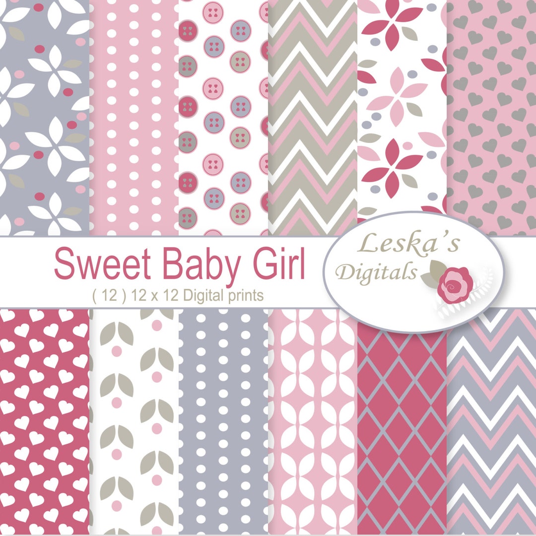 Girly Digital Paper "sweet BABY Girl" Hearts, Buttons, Chevron Digital ...