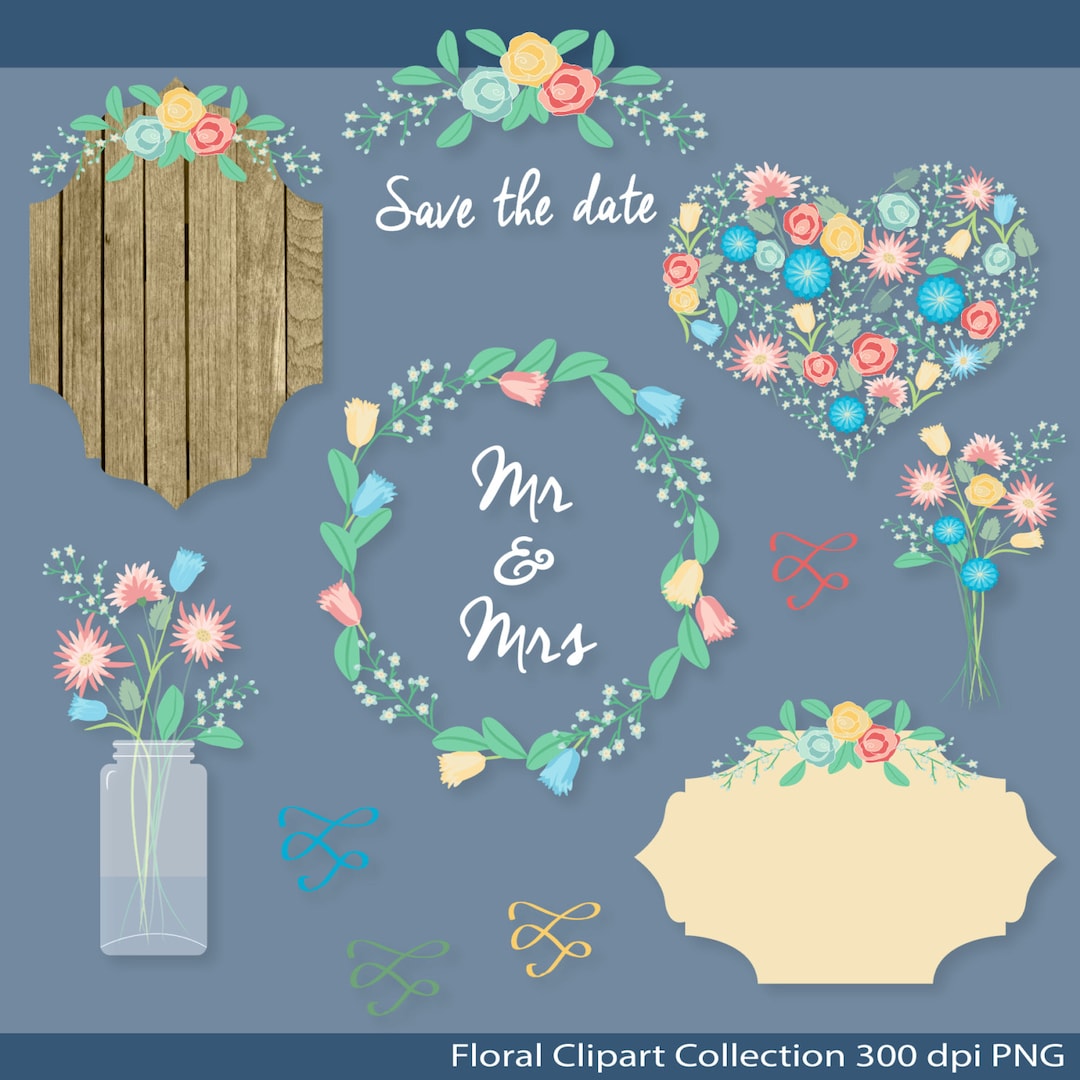 Rustic Wedding Clipart, Rustic Wedding Floral Clipart, Mason Jar Floral ...