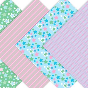 Pink and Blue Digital Paper, Pink, Stars, Polka Dots, Stripes, Instant ...
