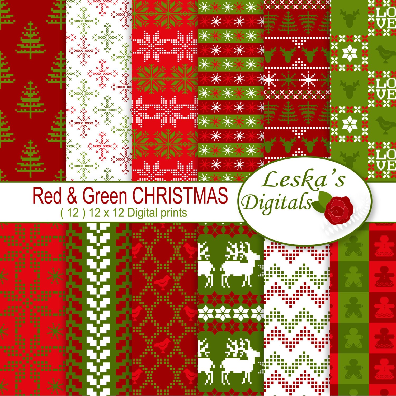 Christmas Scrapbook Paper Red and Green Digital | Etsy