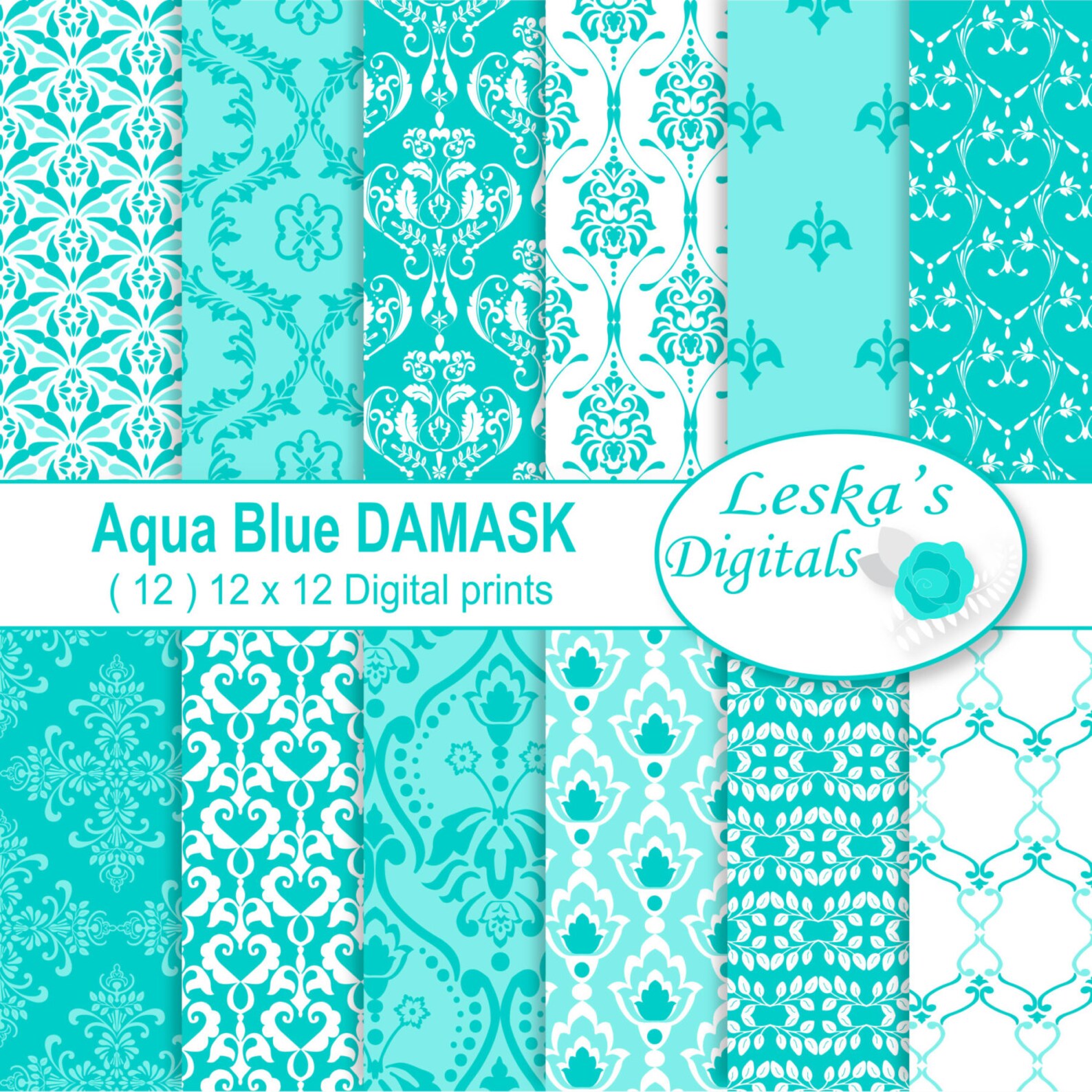 Aqua Blue Damask Digital Paper aqua BLUE Digital | Etsy