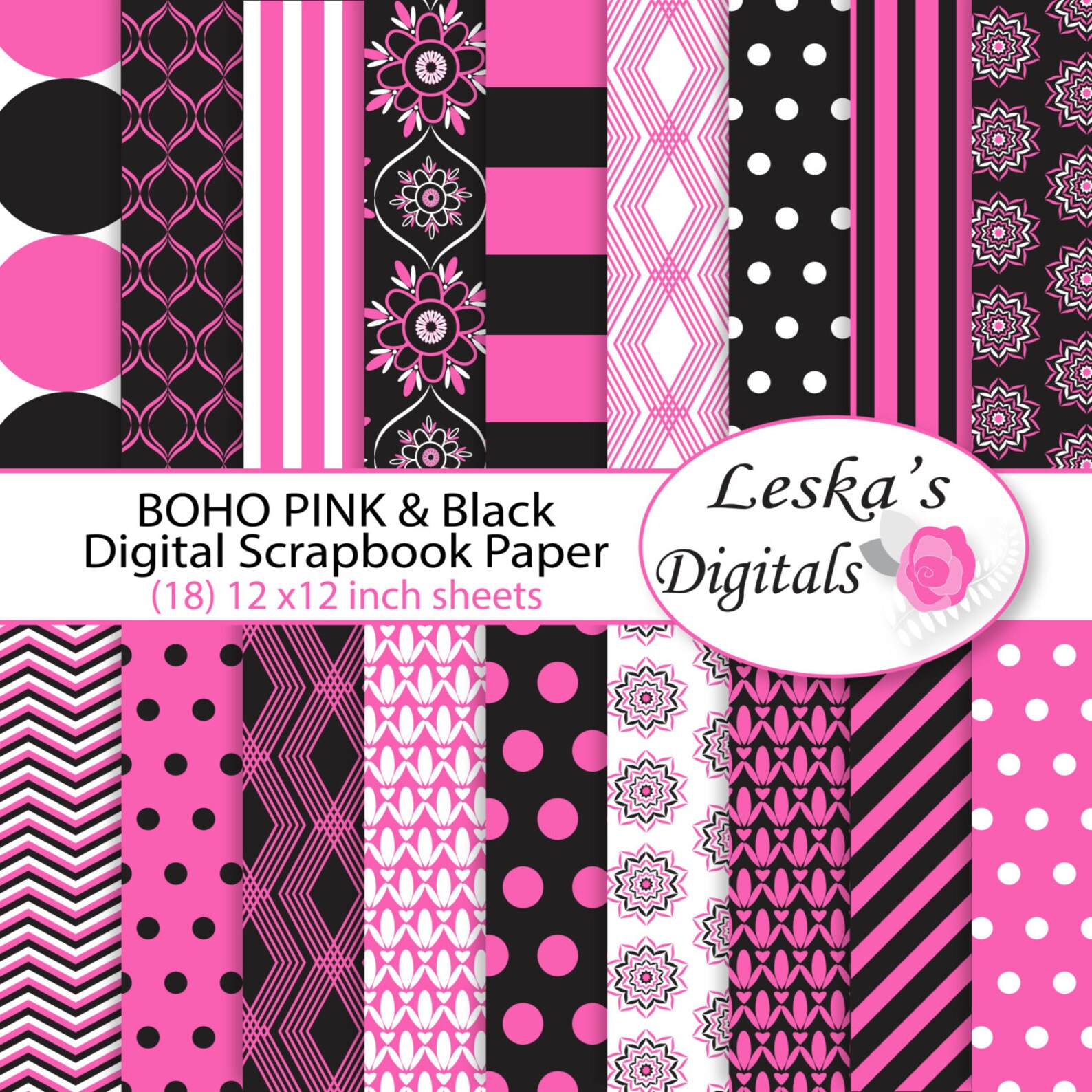 Hot Pink Black Digital Paper- Scrapbook Paper in Bohemian Style - Boho ...