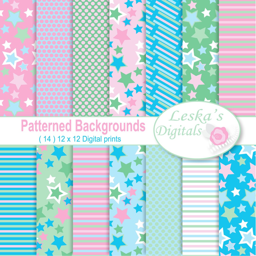 Pink and Blue Digital Paper, Pink, Stars, Polka Dots, Stripes, Instant ...