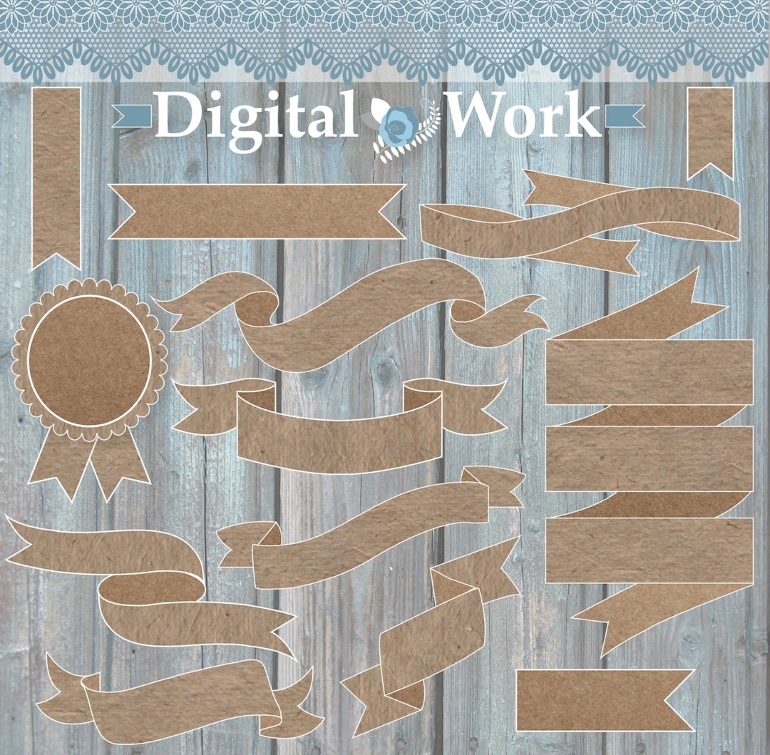 Kraft Paper Banners, Rustic Wedding Clip Art, Scrapbook Embellishments ...