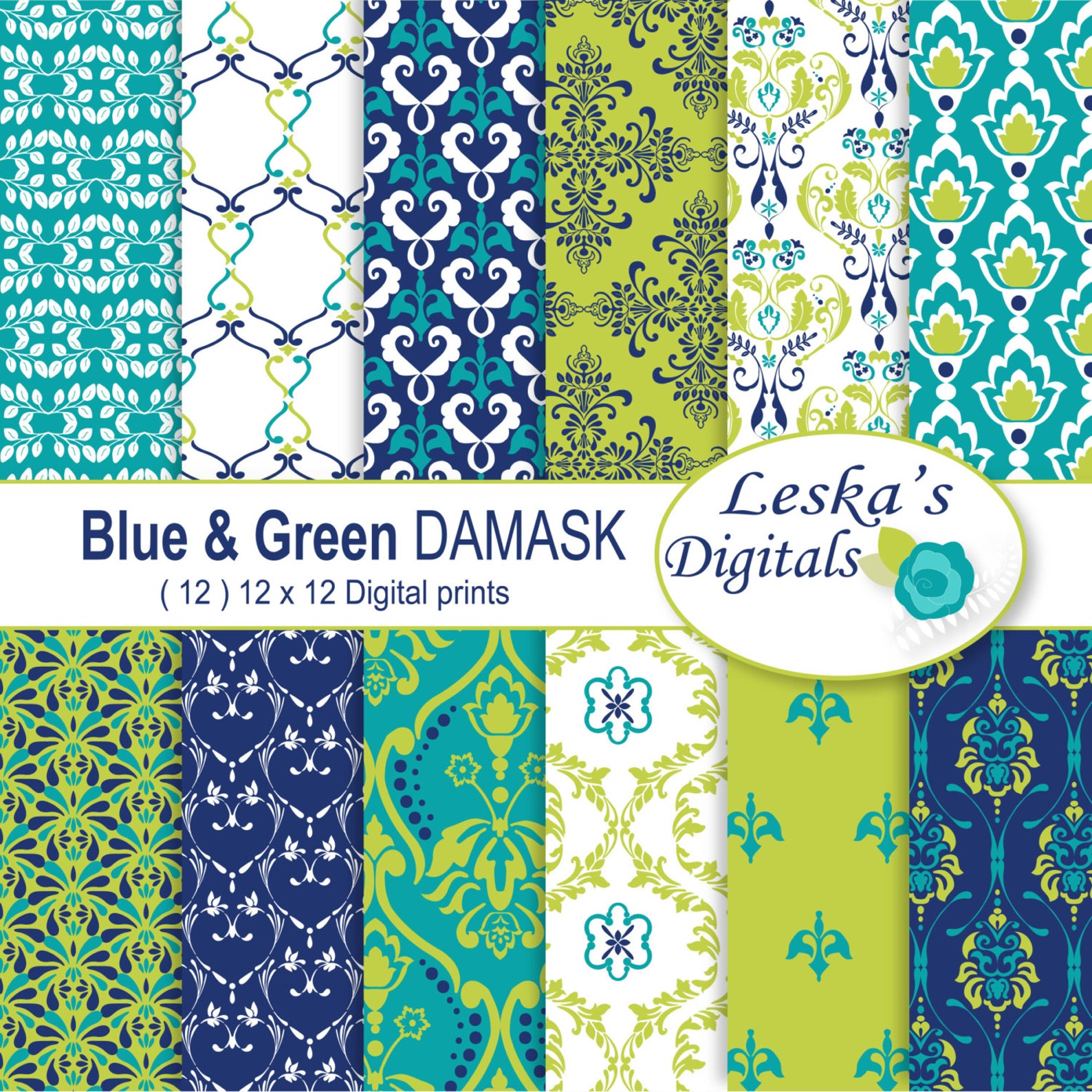 Damask Digital Paper "lime & NAVY Blue" Digital Scrapbook Paper, Damask ...