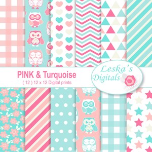 Pink Turquoise Digital Paper "pink & Turquoise" Pattern Backgrounds of ...