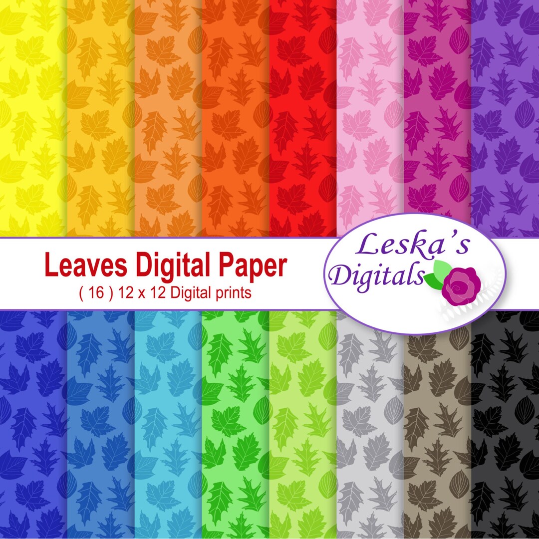 Leaves Digital Scrapbook Paper Pack in Rainbow Colors for Autumn and ...