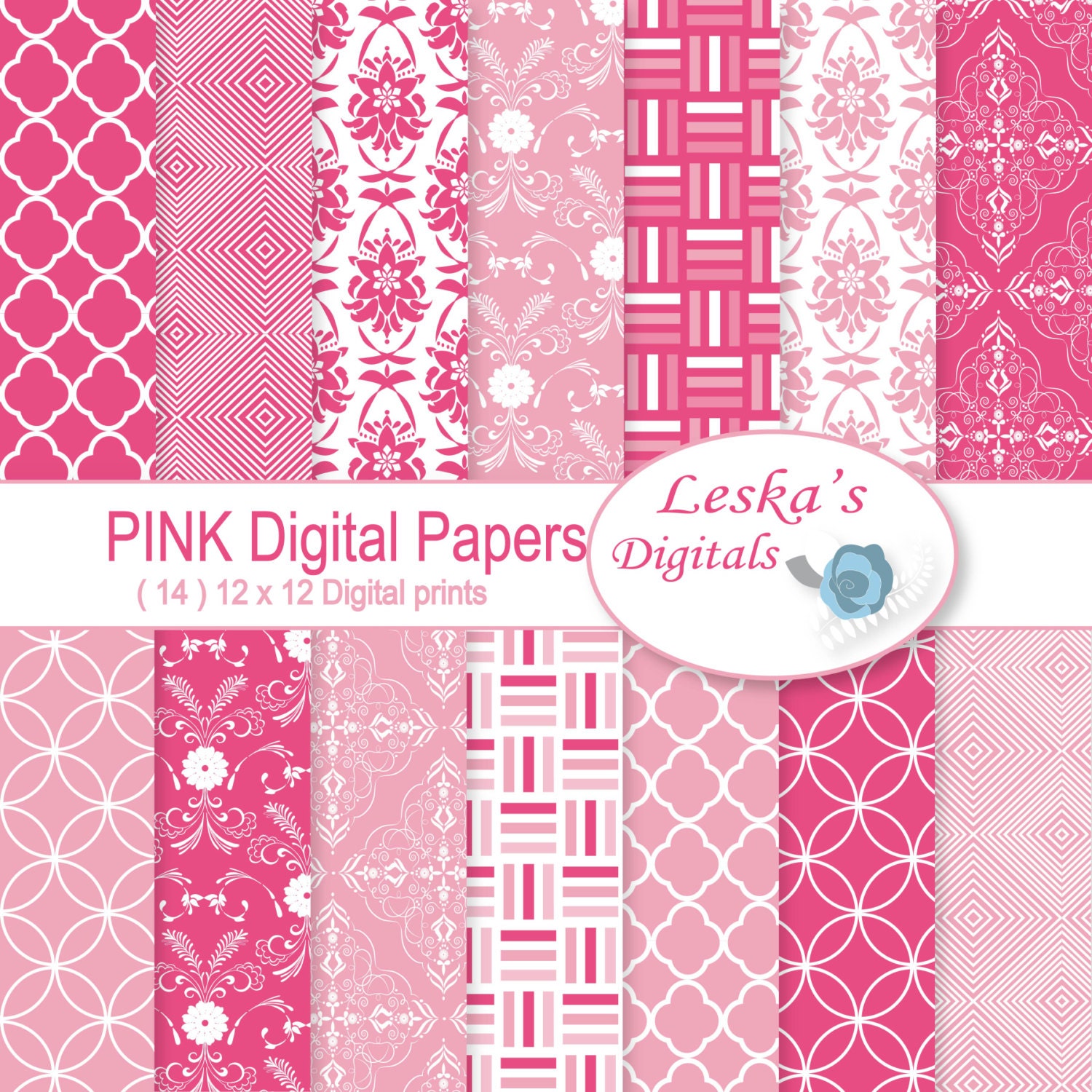 Pink digital paper: Pink damask paper pack Pink | Etsy