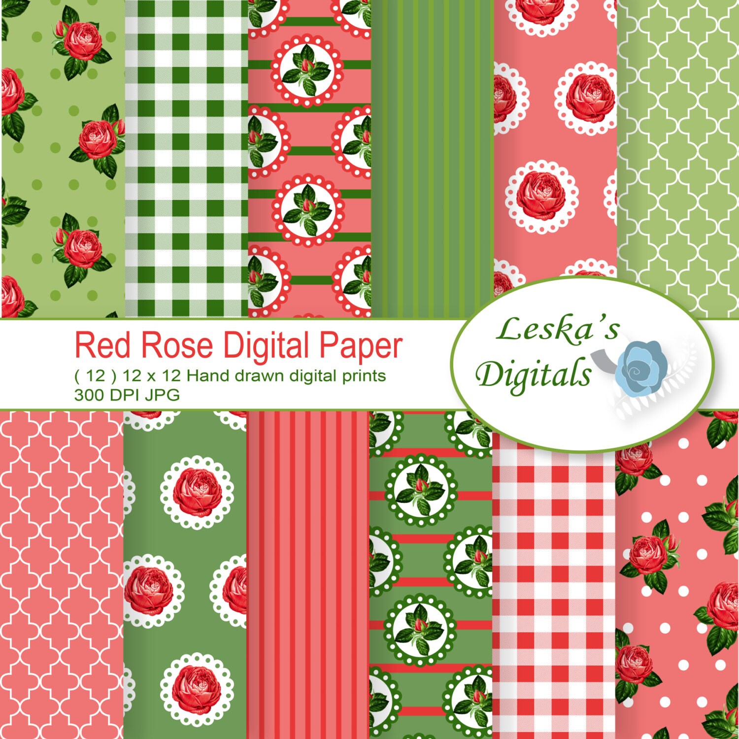 Red Rose Digital Papers Shabby Chic Vintage Cottage Garden - Etsy