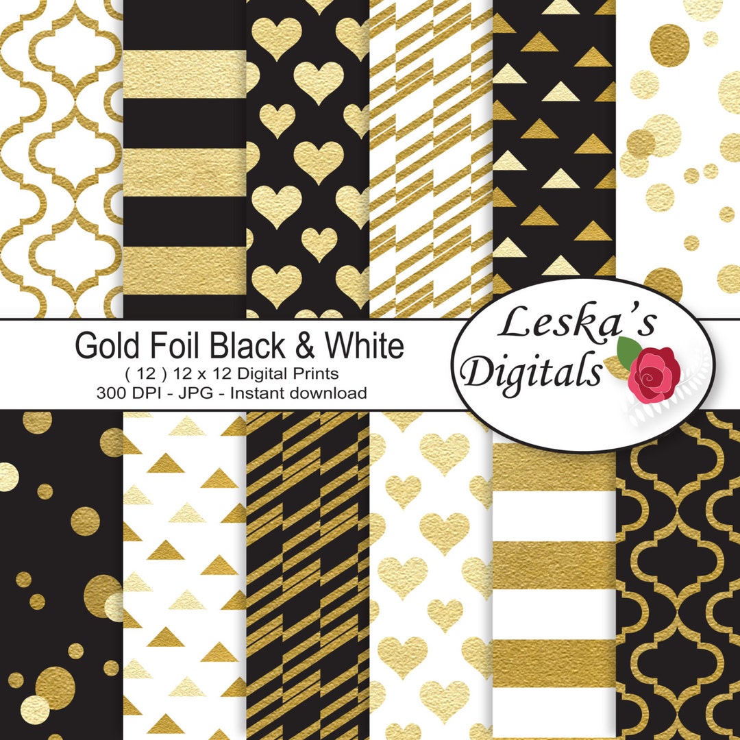 Gold Foil Digital Paper - Gold Black and White Digital Paper - Gold ...