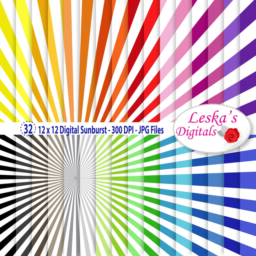Sunburst Digital Paper Pack in Rainbow Colors - Sunburst Background ...