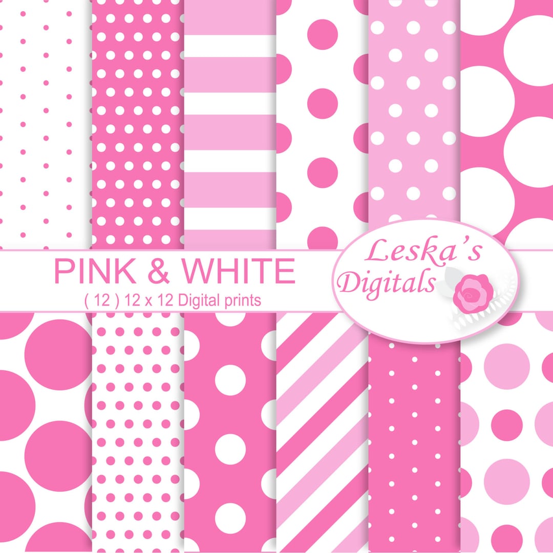 PINK DIGITAL BACKGROUND, Pink and White Digital Paper Polka Dots and ...