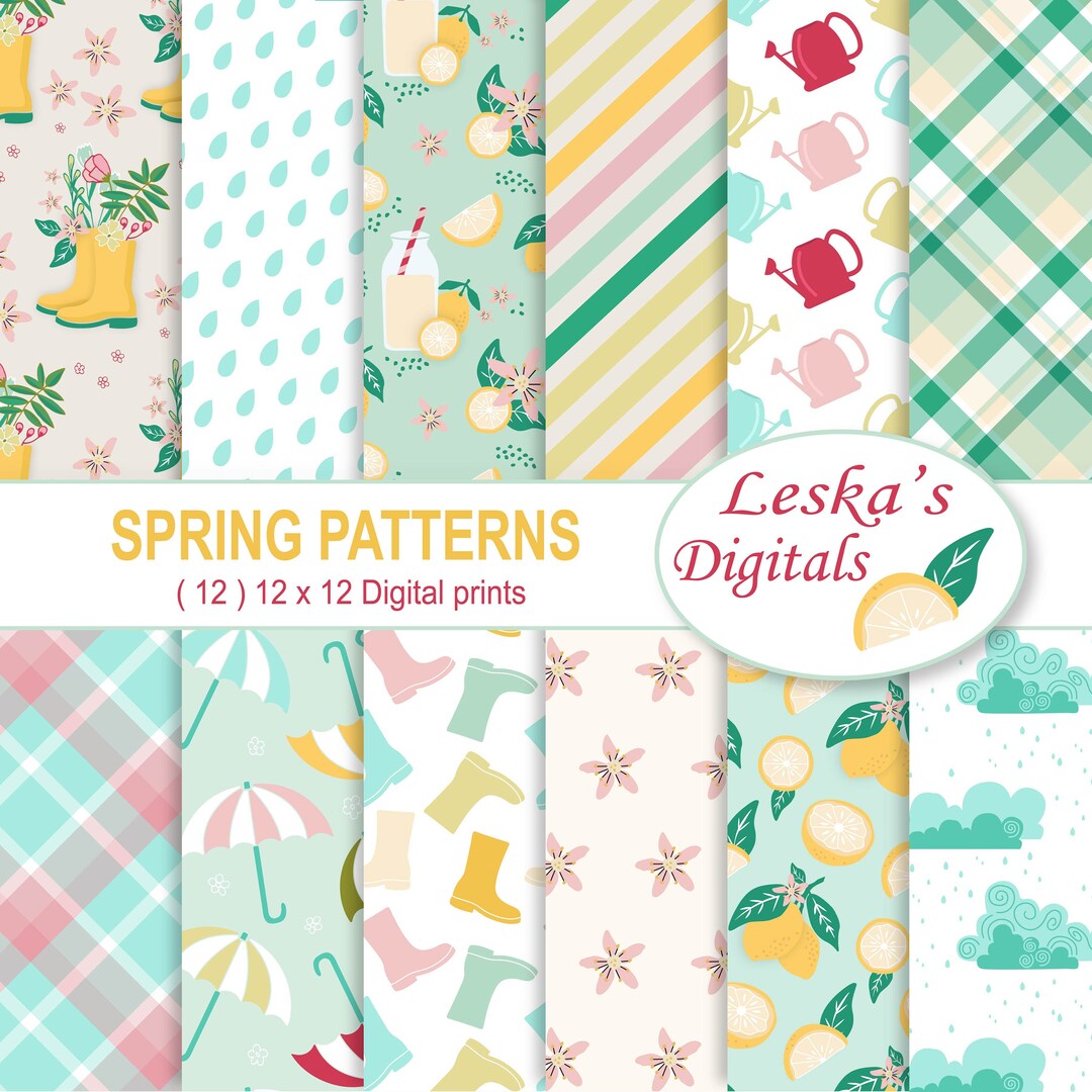 Spring Showers Digital Scrapbook Paper Patterns Lemonade, Rain Boots ...