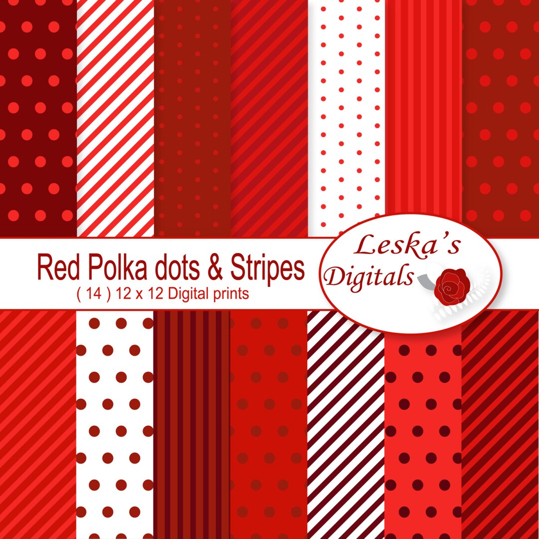 Red Digital Paper, Red Polka Dots & Stripes Scrapbook Paper, Red ...