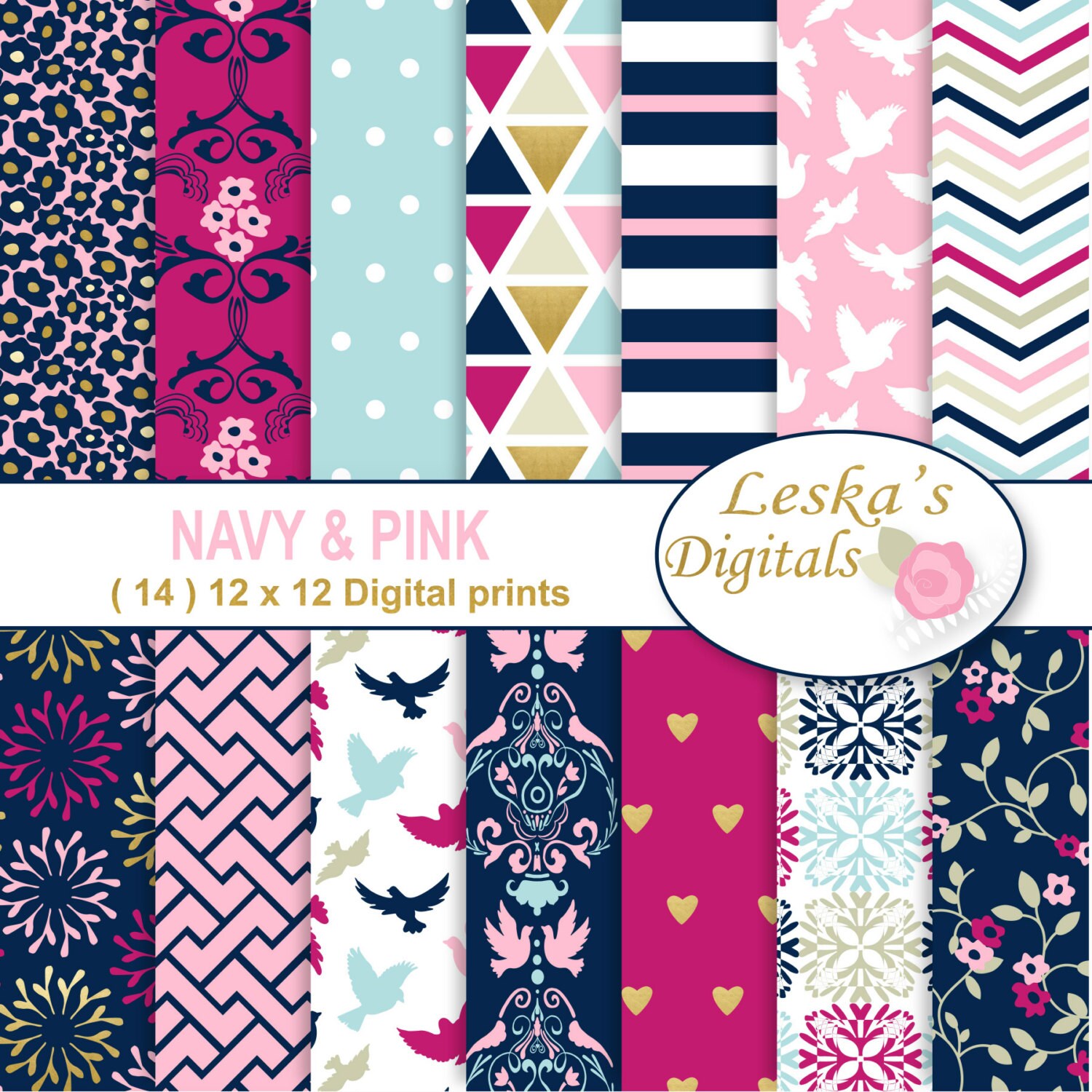 Pretty Digital Paper: NAVY PINK and GOLD Digital | Etsy
