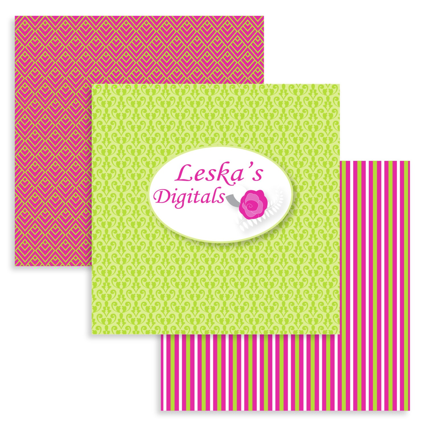 Pink and Green Digital Paper Chevron Polka Dots Damask | Etsy
