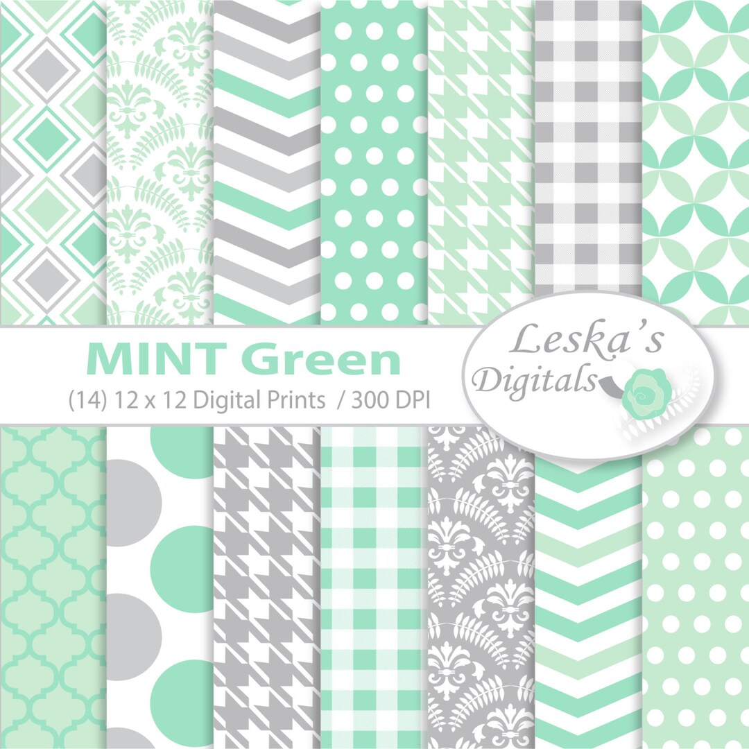 Mint Digital Paper Pack, Grey Digital Scrapbook Paper Chevron, Polka ...