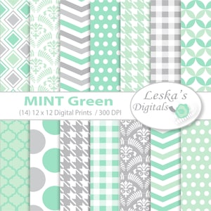 Mint Digital Paper Pack, Grey Digital Scrapbook Paper Chevron, Polka ...