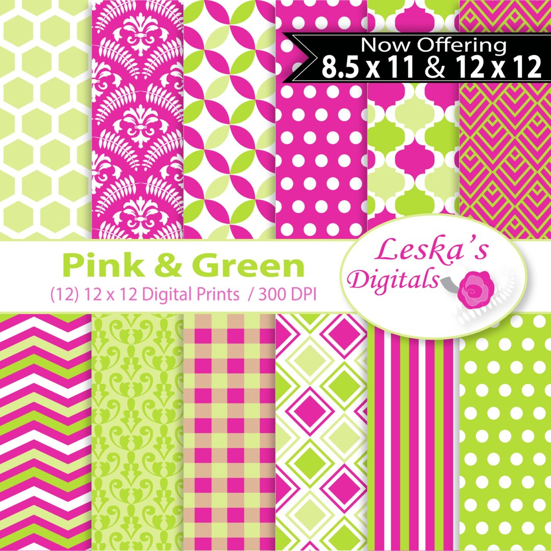 Pink and Green Digital Paper - Chevron, Polka Dots, Damask, Honeycomb ...