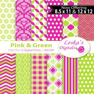 Pink and Green Digital Paper - Chevron, Polka Dots, Damask, Honeycomb ...