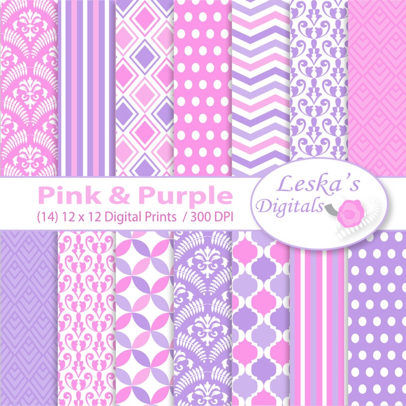 Pink and Purple Birthday Digital Paper, Kids Scrapbook, Pink & Purple ...