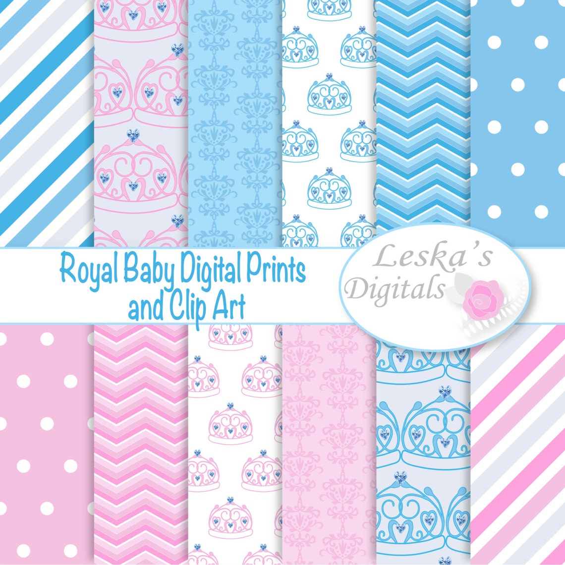 Royal digital paper Royal Baby pink and blue with crown | Etsy