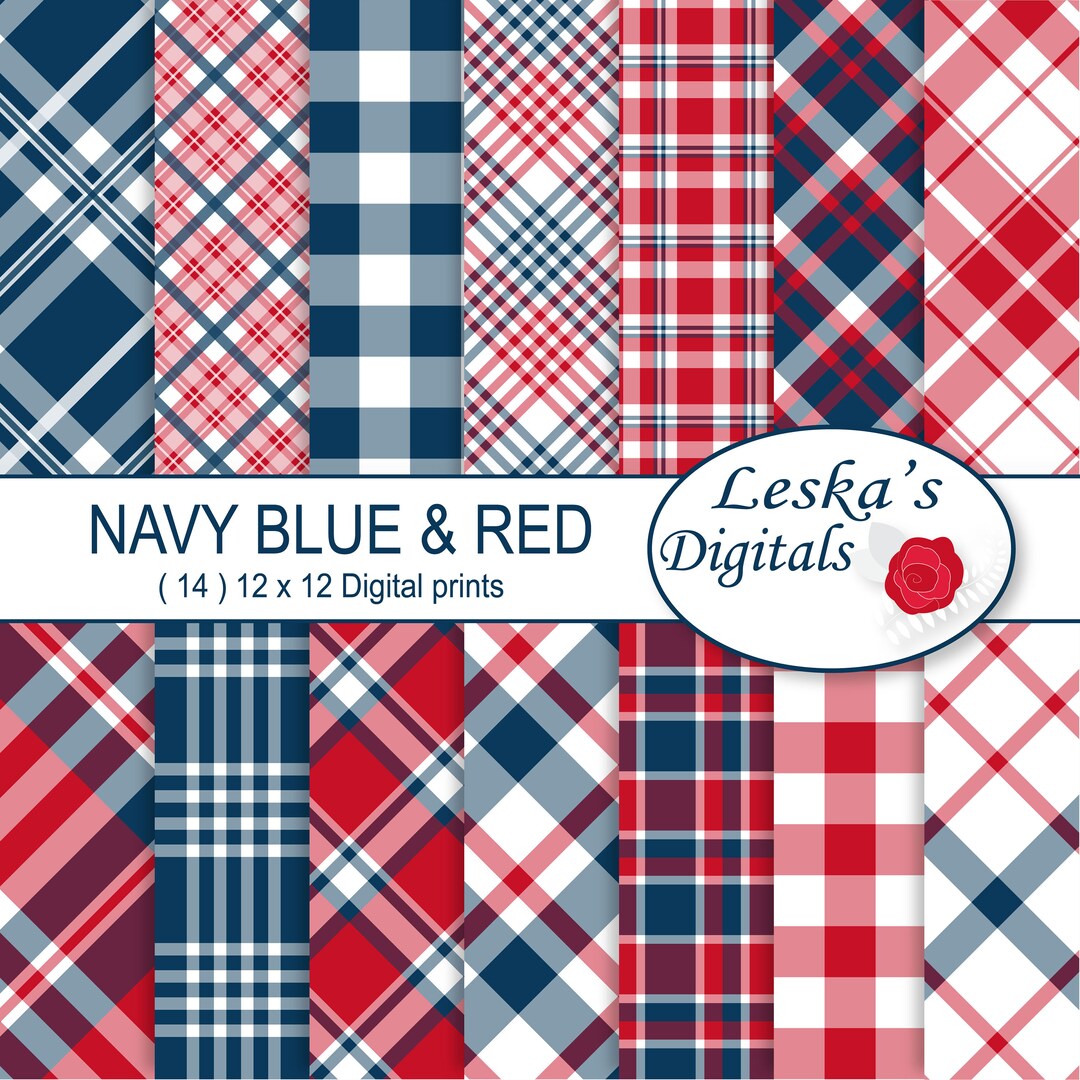 Navy and Red Digital Paper, Digital Scrapbook Paper, Plaid Background ...