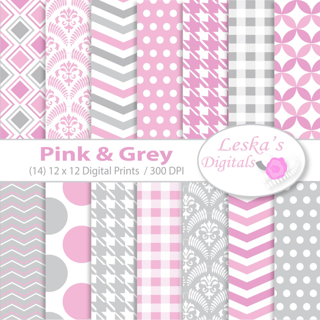 PINK GREY Digital Paper, Paper Patterns, Chevron, Polka Dot, Damask and ...